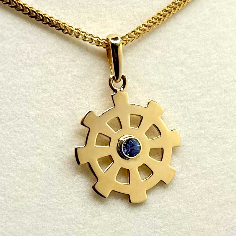 22K Solid Gold Dharmachakra Pendant with Blue Sapphire Stone (3.91 Gra ...